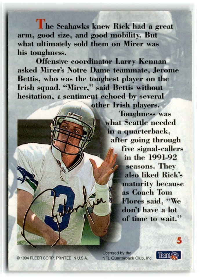 Rick Mirer Seattle Seahawks 1994 Ultra Rick Mirer: Rookie of the Year ...