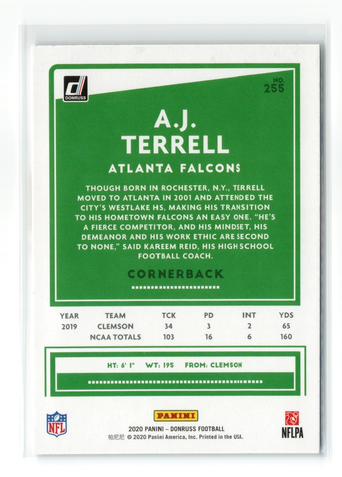 AJ TERRELL #255 RC 2020 PANINI DONRUSS FALCONS | eBay
