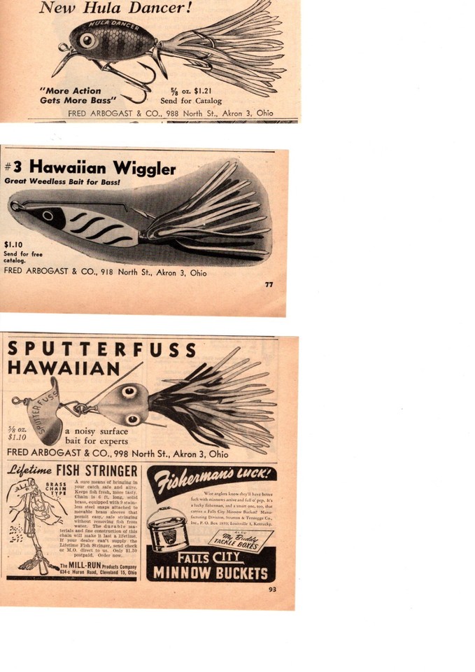 1947 FRED ARBOGAST & CO FISHING LURE AD LOT (3) HULA DANCER, HAWAIIAN ...