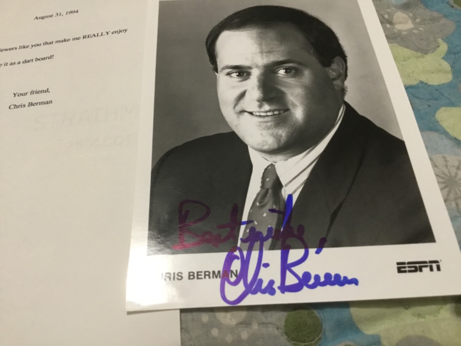 CHRIS BERMAN AUTOGRAPHED PHOTO WITH LETTER/ESPN,BOOMER,NICKNAMES,SPORTS ...