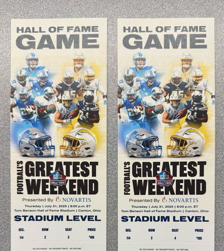 2 Tickets (2nd ROW) NFL Pro Football Hall of Fame Game- Lions/Chargers ...