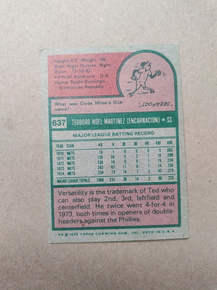 1975 TOPPS BASEBALL SET 637 TED MARTINEZ NEW YORK METS ex free shipping ...