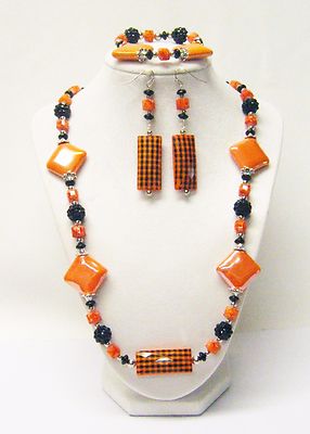 Orange Rhombus w/Orange/Black Rectangle Bead Necklace/Bracelet/Earrings ...