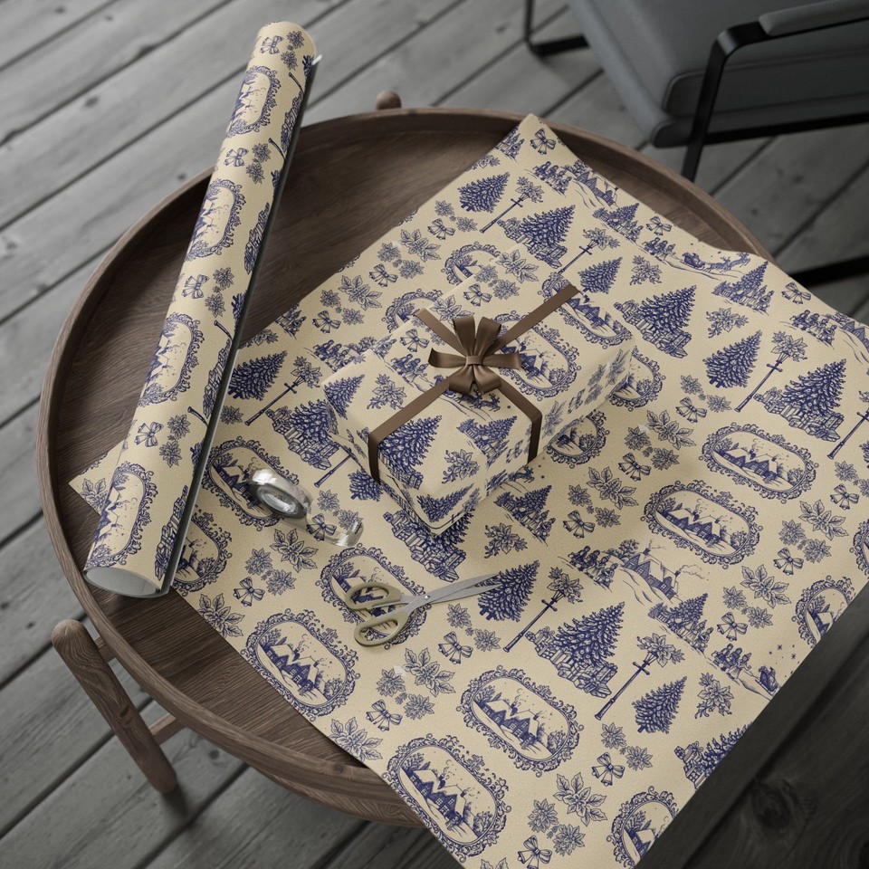 Vintage Blue Toile Christmas Wrapping Paper Roll | eBay