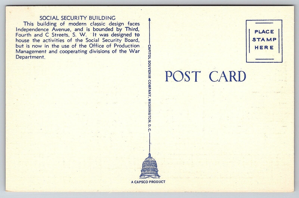 Original Old Vintage Antique Postcard Social Security Building ...