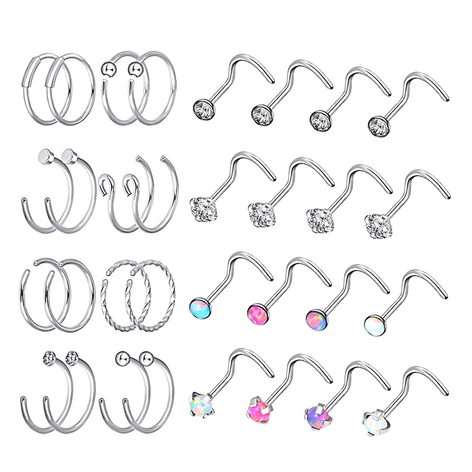 16Pc Nose Ring Hoop Screw Septum Ring C-Shape Nostril Pin Bone Stud ...
