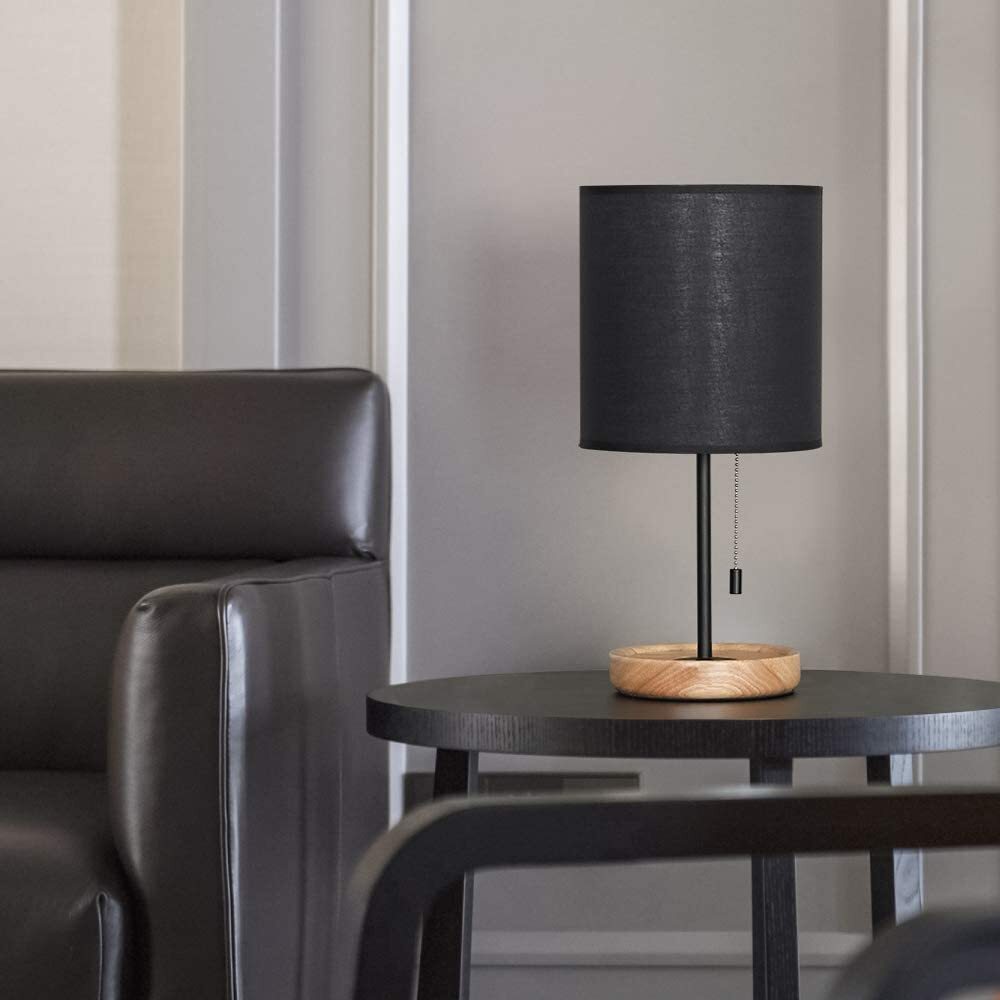 Small Table Lamp Nightstand Lamp Pull Chain with Wooden Base & Black ...