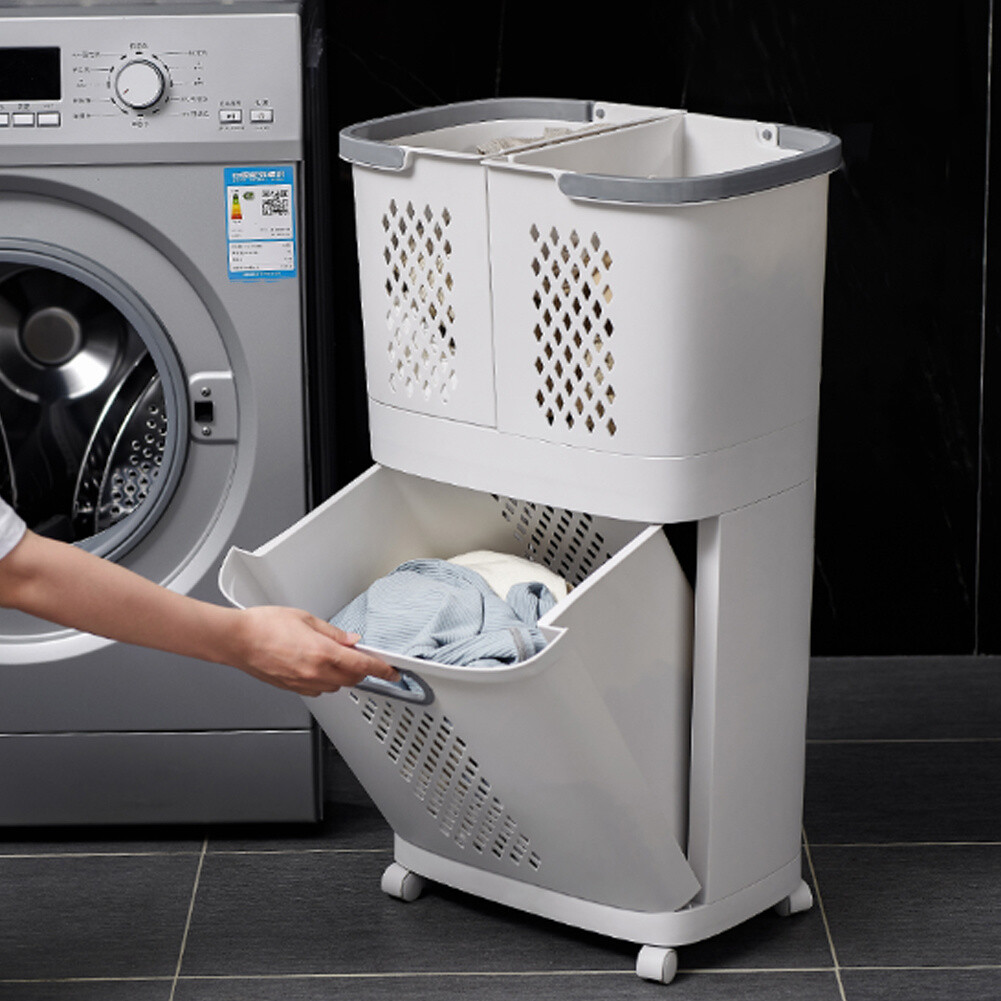 Large 2 Tier Laundry Basket Trolley Cart Mobile Washing Cloth Storage ...