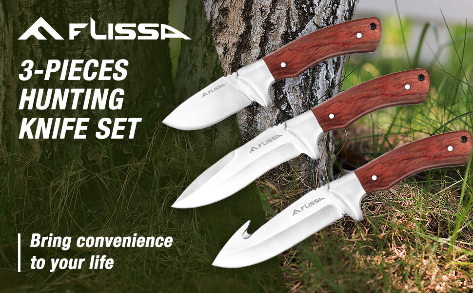 FLISSA 3PC Hunting Knife Set Fixed Blade Full Tang Hunting Knife ...
