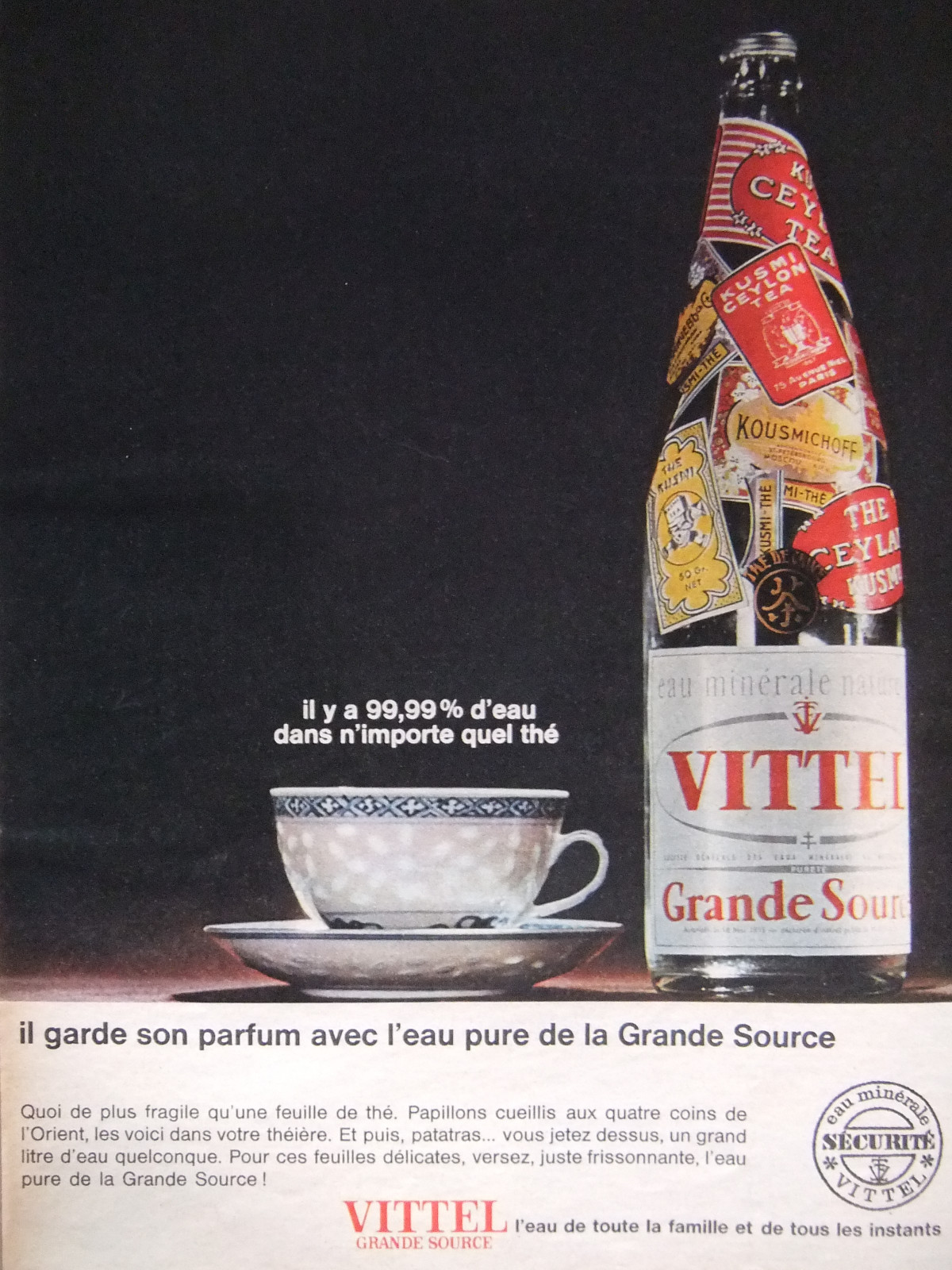 PUBLICITÉ 1965 VITTEL GRANDE SOURCE EAU MINÉRALE NATUREL LE THÉ GARDE ...
