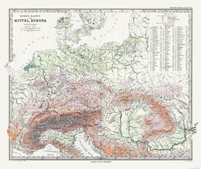 Historic Map - Central Europe Elevations- Stieler 1885 - 27.27 x 23 | eBay