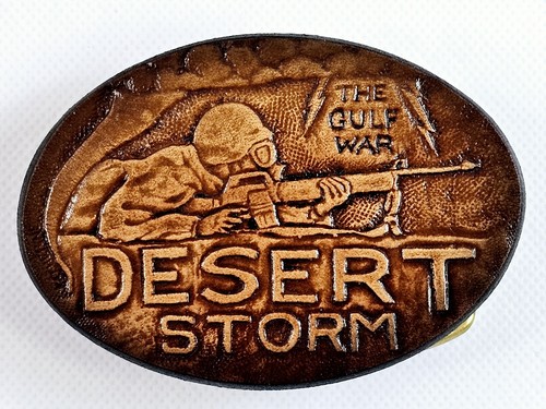 Lex Leather Tooled Belt Buckle Operation Desert Storm The Gulf War Soldier 1990 | eBay