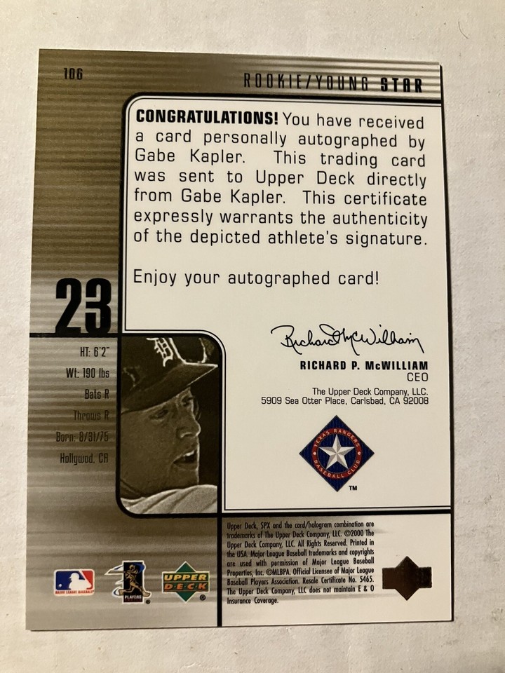 GABE KAPLER 2000 SPX #106 ROOKIE YOUNG STAR AUTOGRAPH AUTO #379/500 | eBay