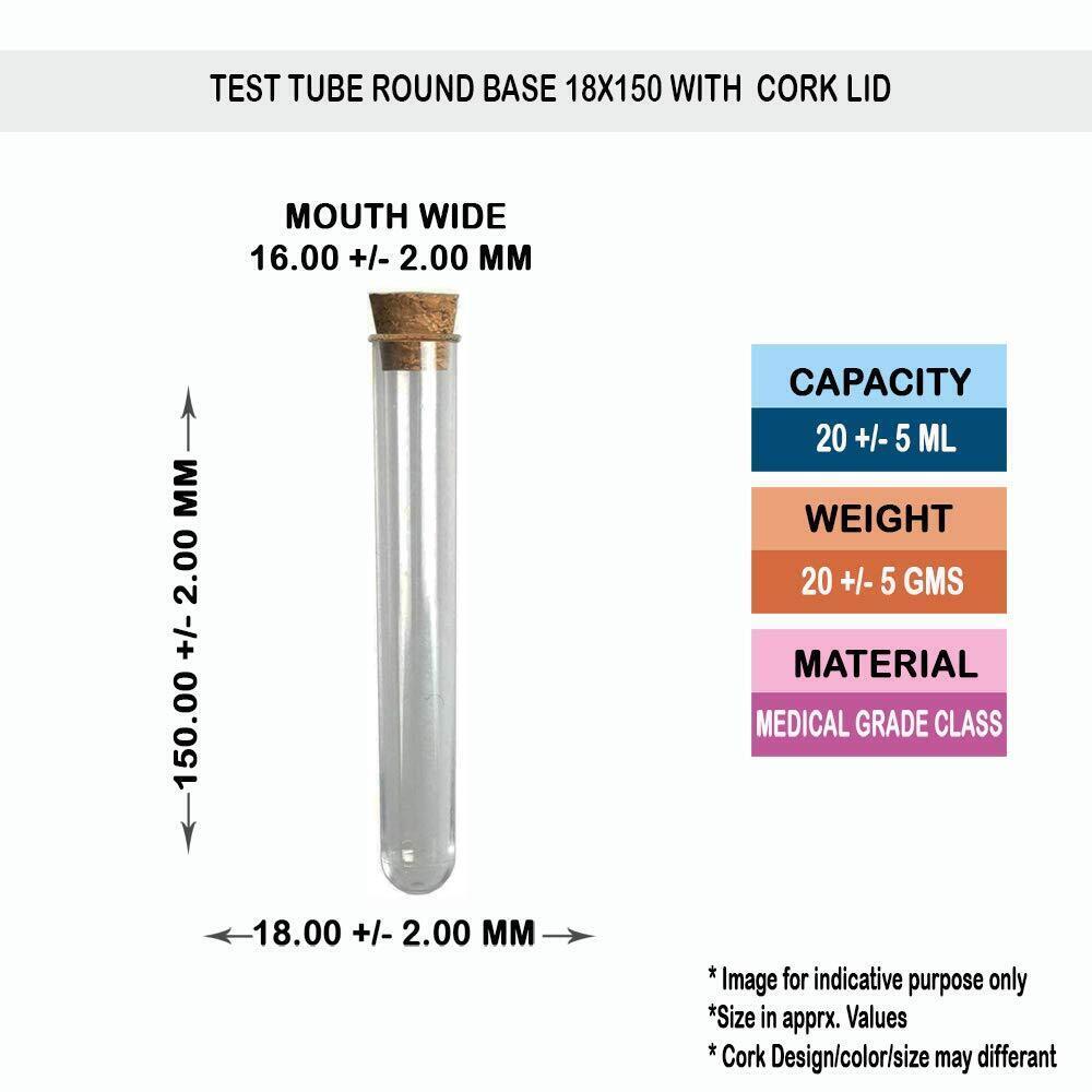 Round Base Test Tubes Without Marking with Cork Lid, Borosilicate Glass ...