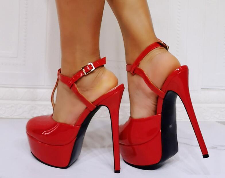 Womens Fashion Round Toe Red T-strap Patent leather Shoes High Heels ...