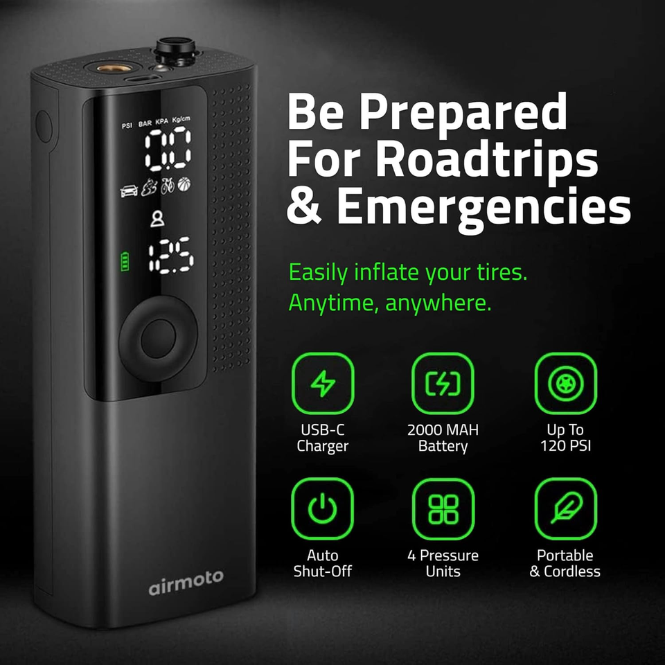 Airmoto Cordless Tire Inflator Bundle with Power Kit, Car Bike Air Pump - NEW | eBay