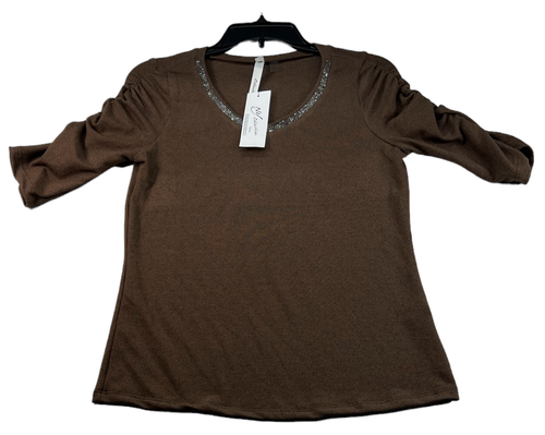 NY Collection Blouse Womens Size Medium Petite Pm Brown V Neck ...