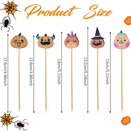 100Pcs Halloween Cocktail Picks Bamboo Orange Pumpkin Toothpick Party ...