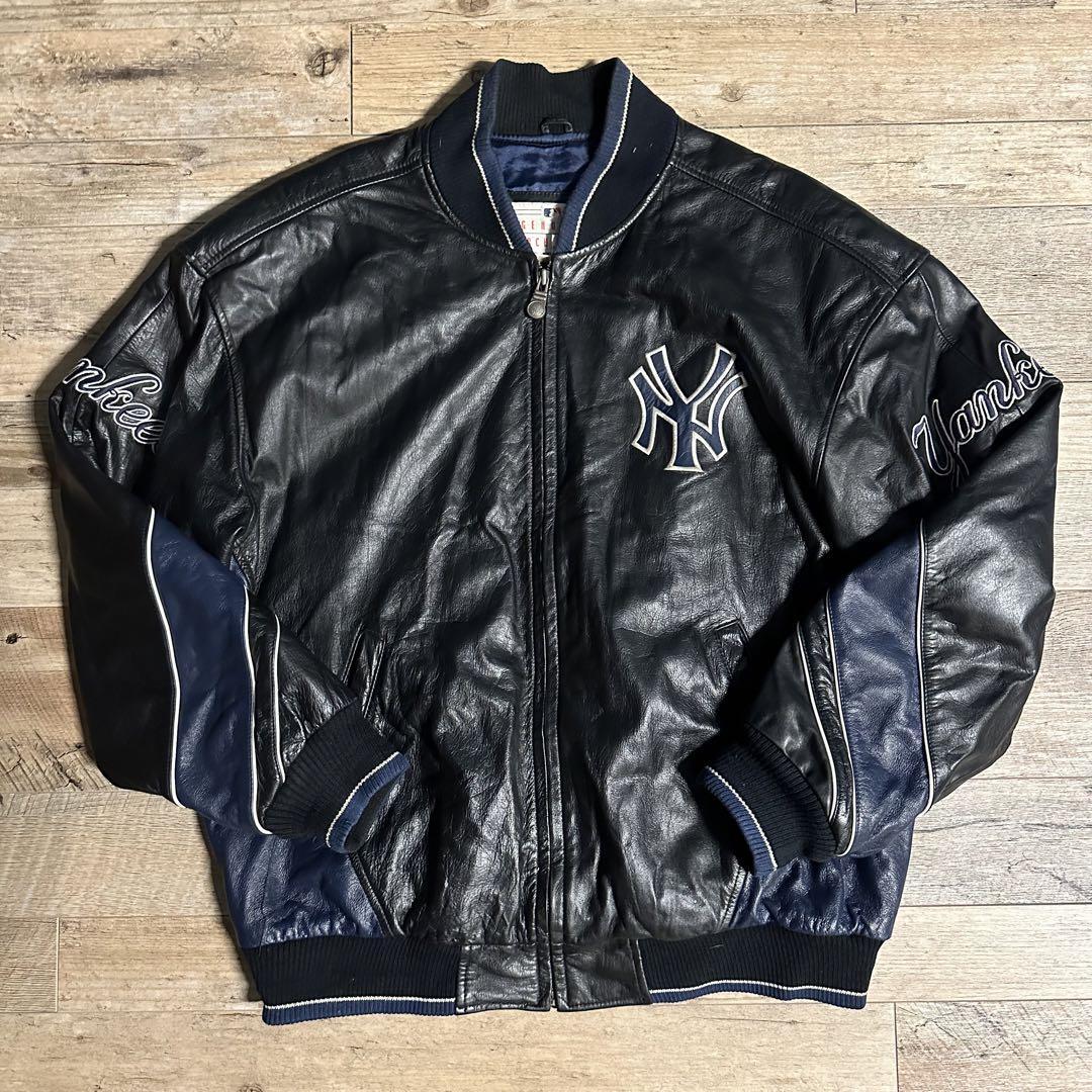 Genuine leather jacket yankees mens size L mlb black … - Gem