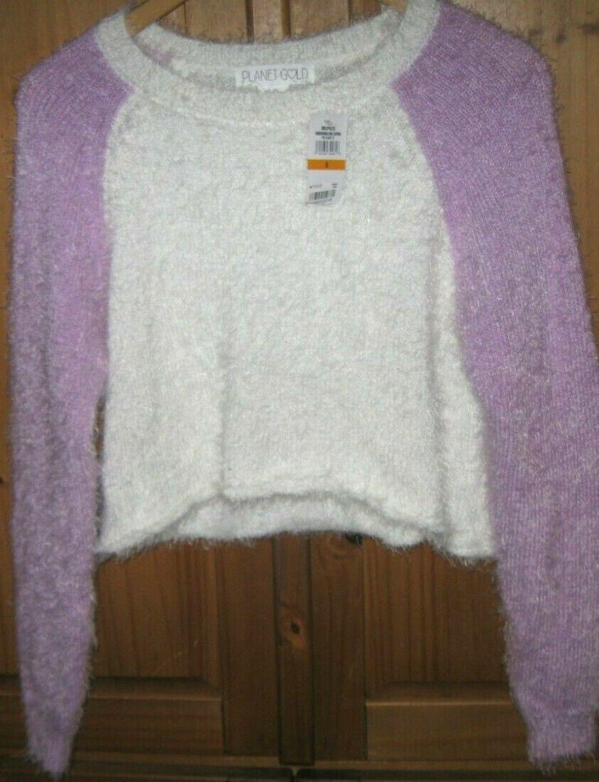Planet Gold Juniors Sweater Pullover Raglan Fuzzy Crop Purple Ivory ...