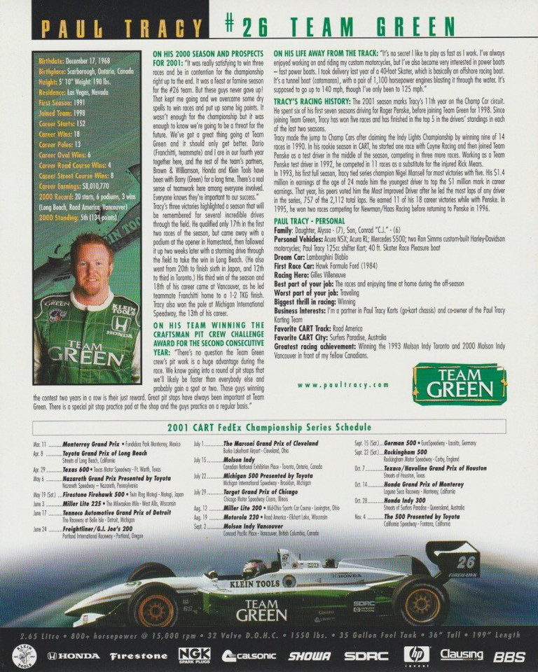 2001 Paul Tracy signed Team Green Honda Reynard CART Champ Car Hero ...