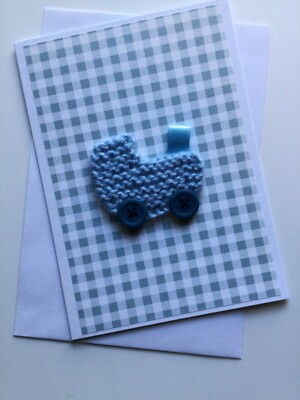 Baby card + envelope Knitting Pram Handmade new Blue grey | eBay