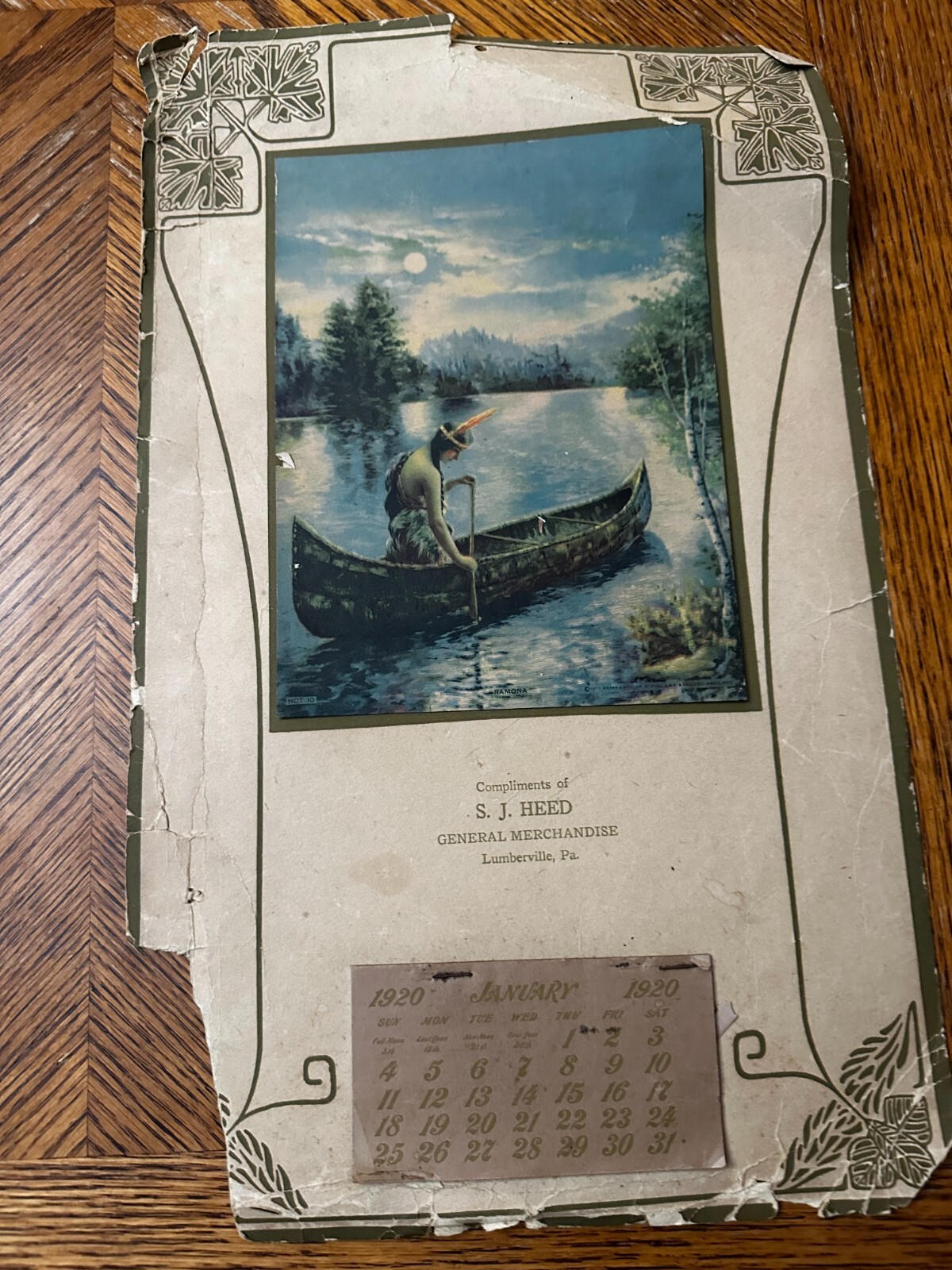 SJ Heed General Merchandise 1920 Calendar Lumberville PA Native ...