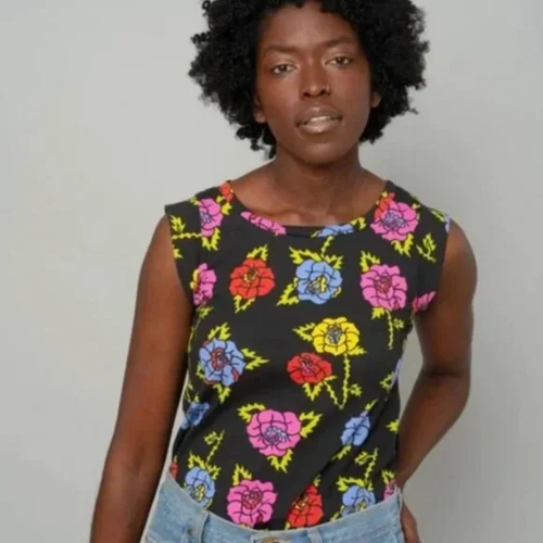 NOOWORKS Muscle Tee Top in Electric Roses Cotton Quirky Abstract Boxy L ...