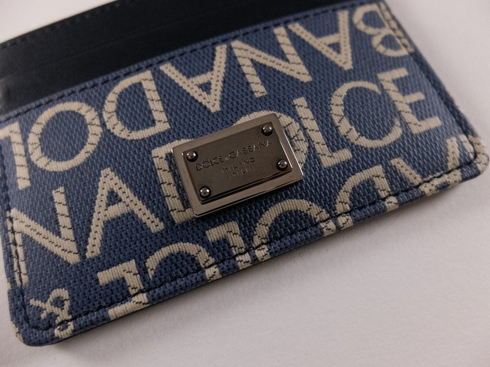 (NO CUSTOMS TAX) DOLCE & GABBANA blue & ecru DG logo leather canvas ...