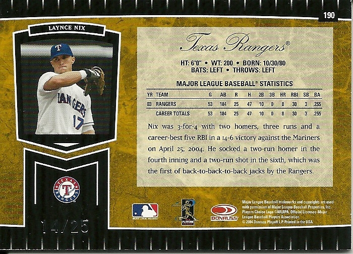 2004 Leaf Certified Cuts Marble Signature Gold Laynce Nix 190 Rangers ...