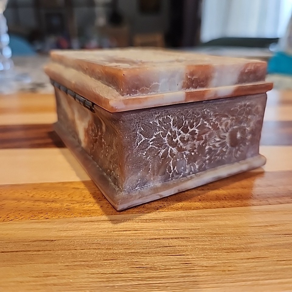 Vintage Genuine Incolay Stone Hinged Jewelry Trinket Box - Pink Floral ...