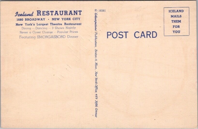 Vintage 1940s New York City LINEN Postcard "ICELAND RESTAURANT" - 1680 ...