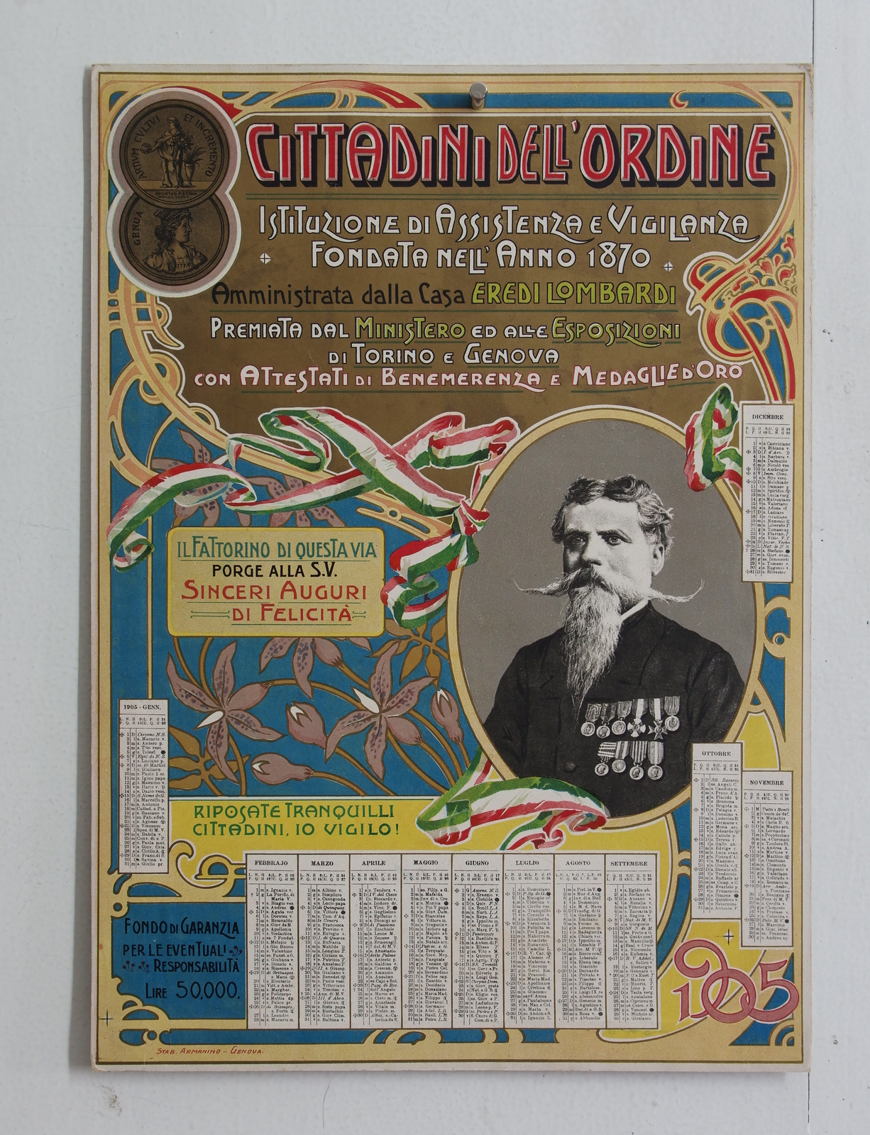 Calendar 1905 Citizens of the Order-Heirs Lombardi Genoa Turin 24x33 ...