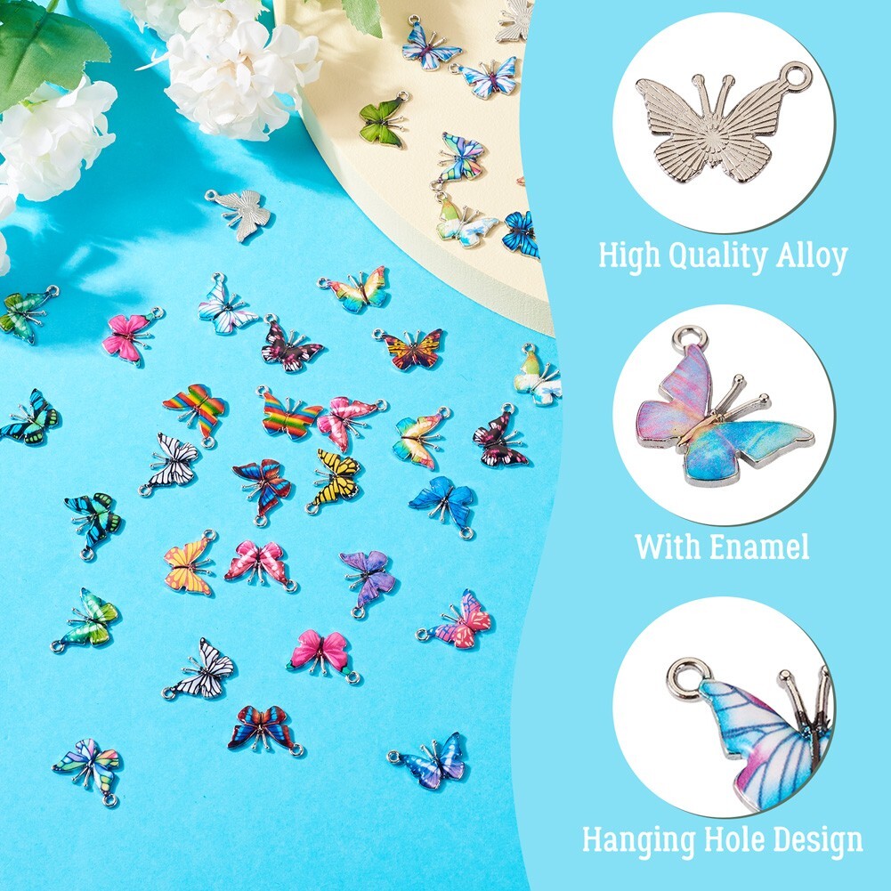 50Pcs Platinum Alloy Enamel Pendants Butterfly Charms For Jewelry ...