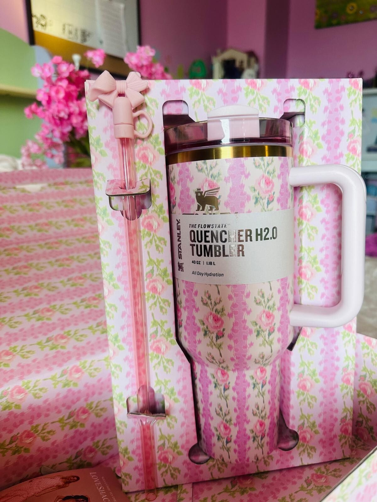 LoveShackFancy 40oz Pink Quencher Tumbler with Straw - Gift Box Included"