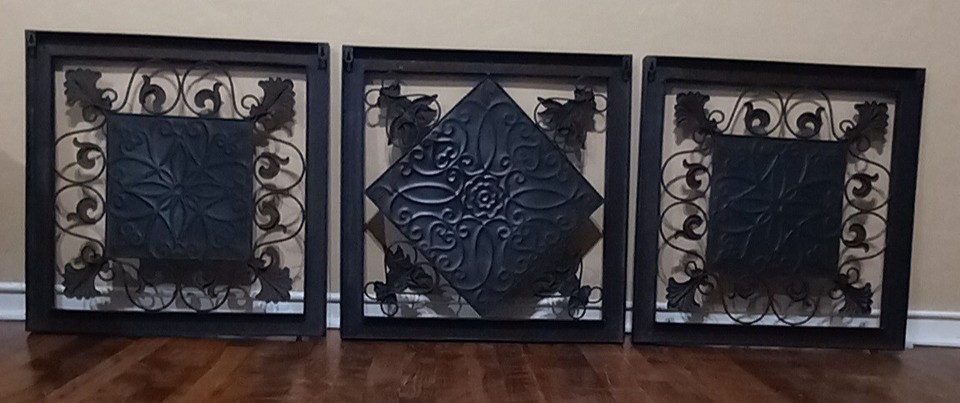 Metal Wall Art Set of 3 Framed Lightweight Copper Art Deco Chic MCM ...