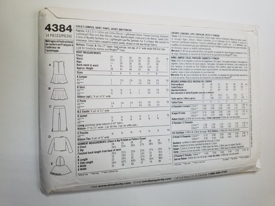 Simplicity 4384, Child's Jumper, Skirt, Pants, Jacket, Poncho, Size 3-8 ...