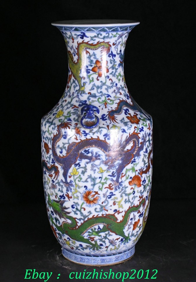 23'' Old Qing Kangxi Blue White Color Porcelain Dragon Loong Flower ...