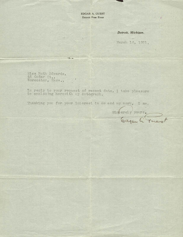 EDGAR A. GUEST - TYPED LETTER SIGNED 03/16/1921 | eBay