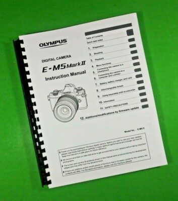 Owners Manual for Olympus E-M5 EM5 MarkII MKII Camera 186 Pages W/Clear ...