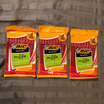 Bic Round Stic Xtra-Life Ballpoint Medium Red - 3 Packs | eBay