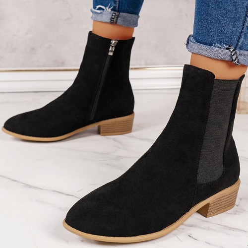 Womens Faux Suede Zip Chelsea Boots Flat Low Heel Ankle Booties Pointed ...