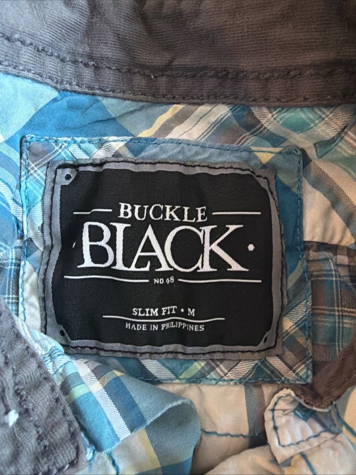 Buckle Black Blue Short Sleeve Slim Fit Button-Up T-Shirt Women's Size ...