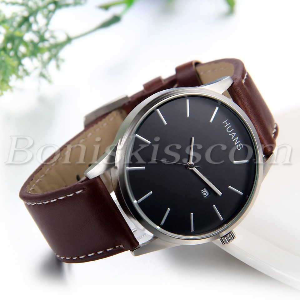 Men's Simple Casual Big Scale Dial Leather Strap Date Quartz Wrist ...