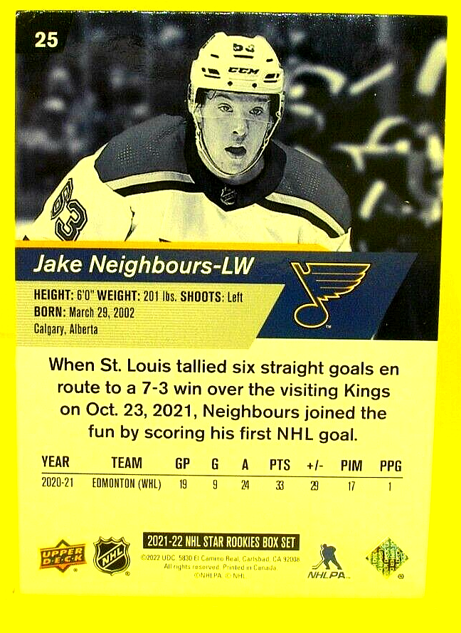**LIQUIDATION** 2021-22/21-22 UD NHL STAR ROOKIES JAKE NEIGHBOURS CARD ...