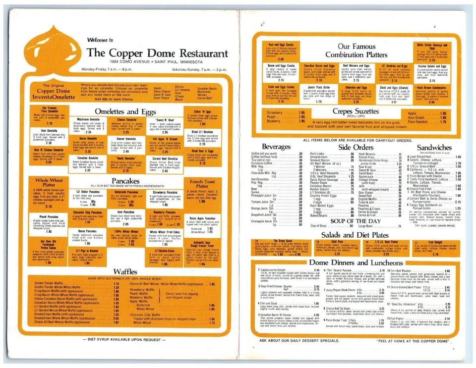 c1960 Copper Dome Restaurant Como Avenue Saint Paul Minnesota MN Menu ...