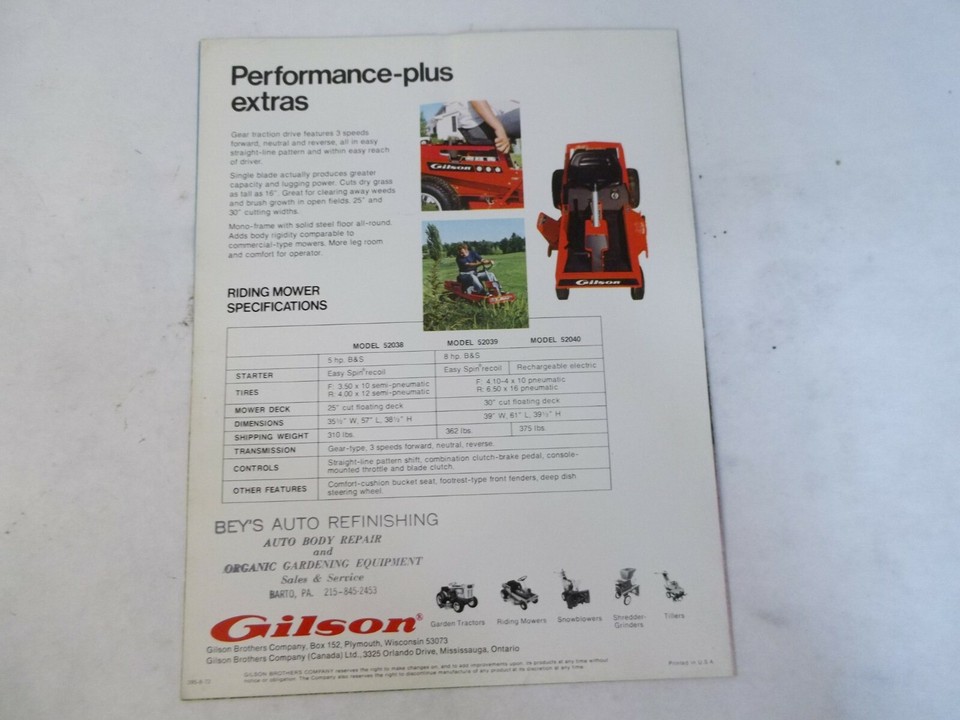Gilson Models 52038 52039 52040 Riding Mowers Brochure | eBay