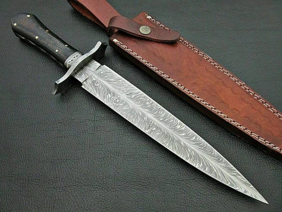Custom Handmade Damascus Steel Feather Pattern Dagger Bowie Knife with ...
