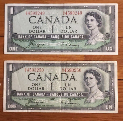 2 - Canadian 1954 $1 "Devil's Head" One Dollar Notes- Consecutive ...