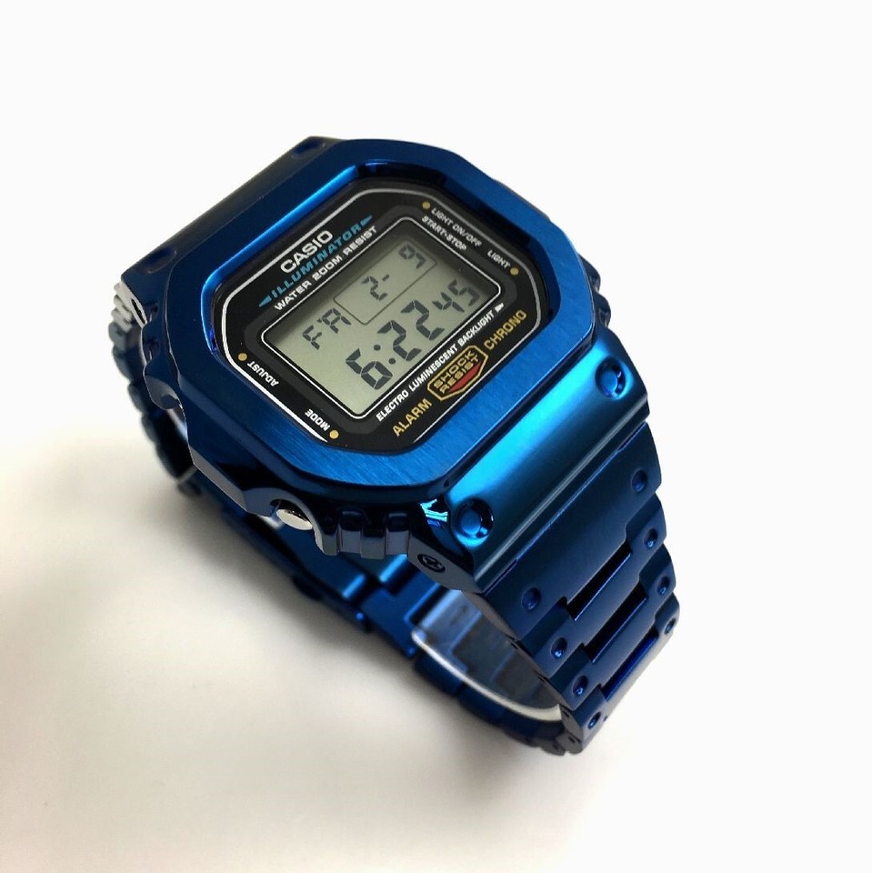 Custom Metal Modded DW5600 Mod Blue Shock Resist Steel Bezel Bracelet ...